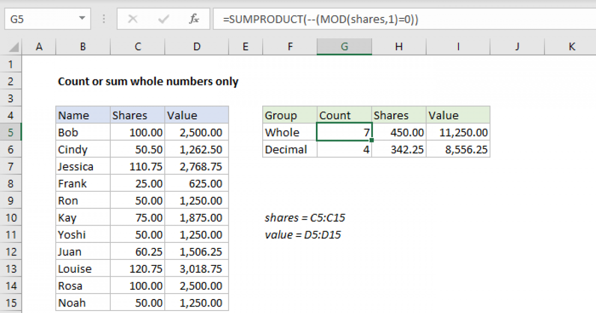 Count Or Sum Whole Numbers Only Excel Formula Exceljet